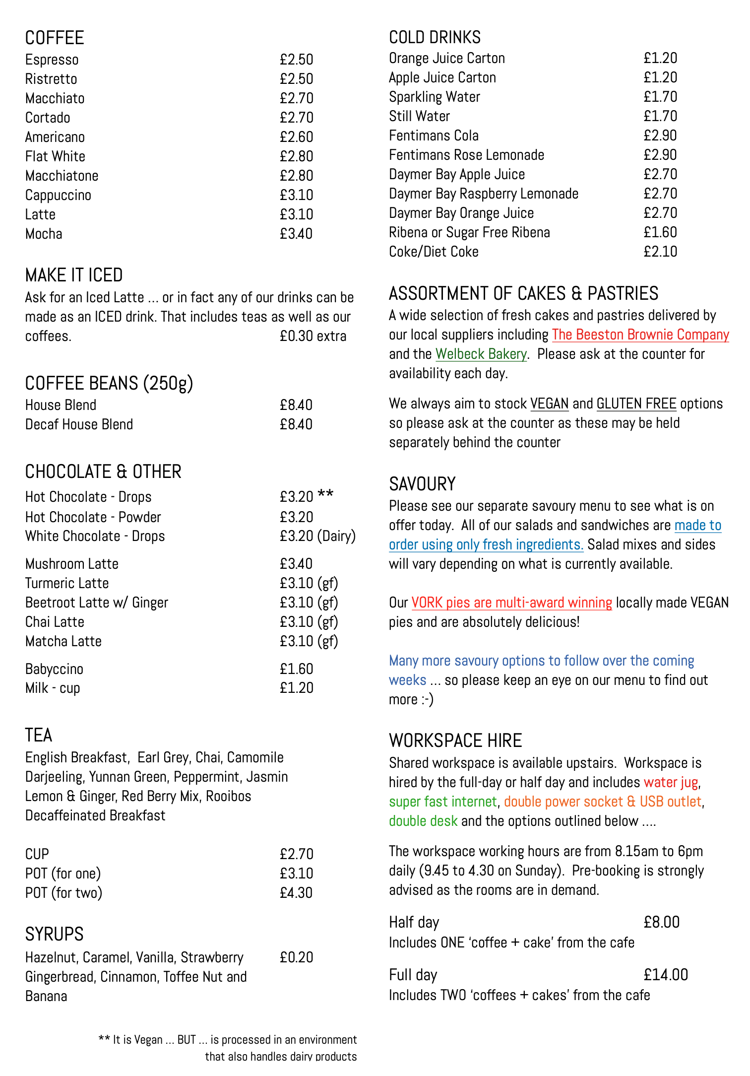 Yellow Wood Cafe - Menu